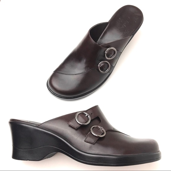 Clarks | Shoes | Clarks Brown Leather Clogs Two Round Buckles 75 M ...